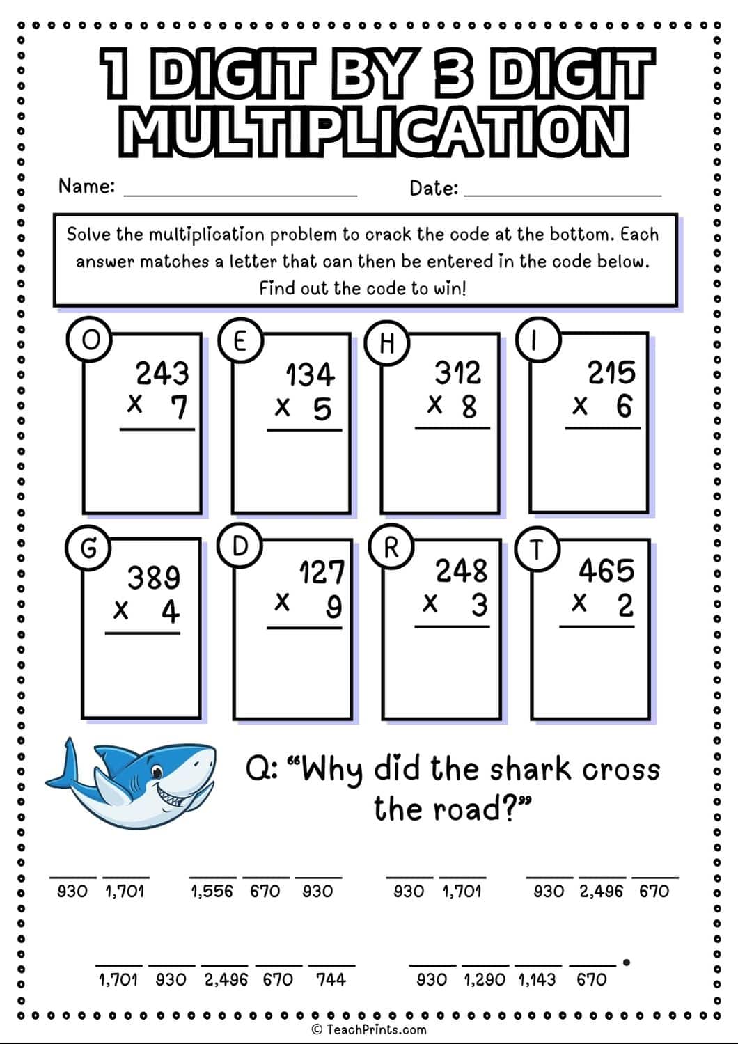 1 Digit by 3 Digit Multiplication Worksheets - 🍎 Teach Prints