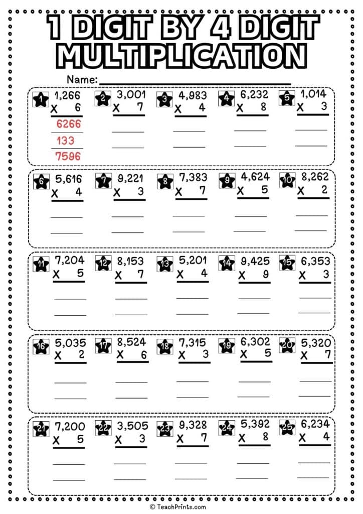 1 Digit by 4 Digit Multiplication Worksheets - Teach Prints