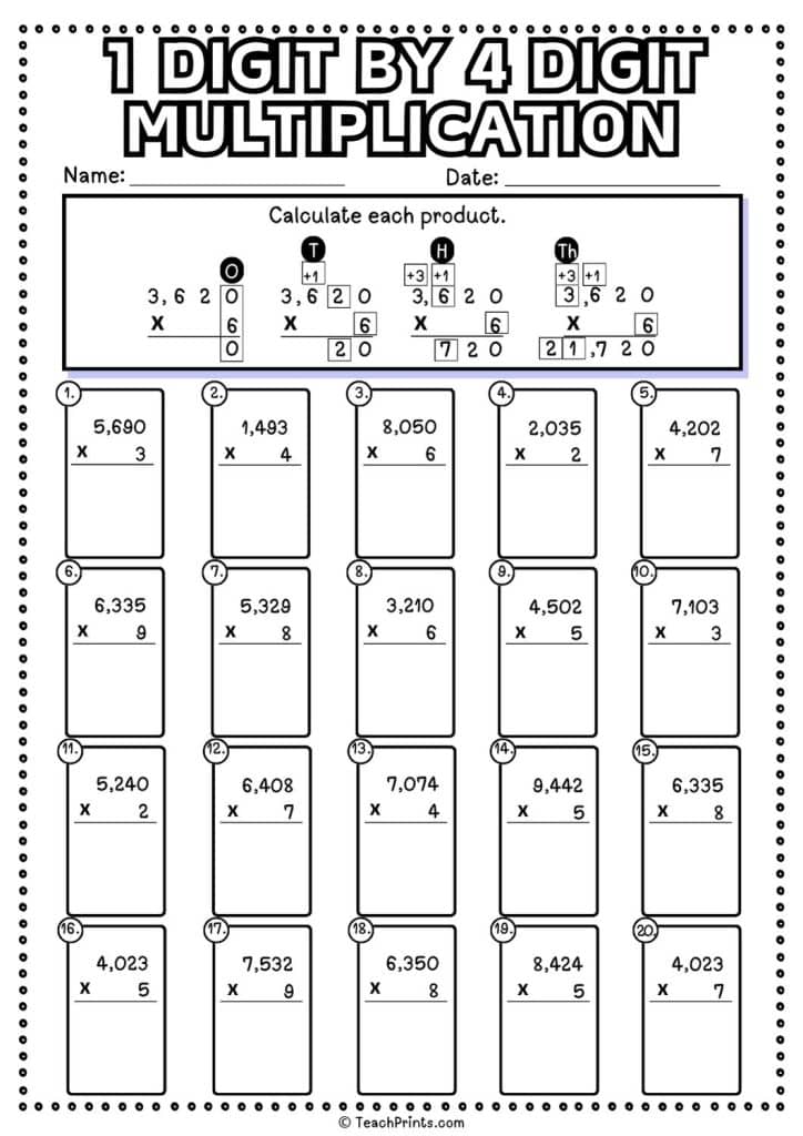 1 Digit by 4 Digit Multiplication Worksheets - Teach Prints