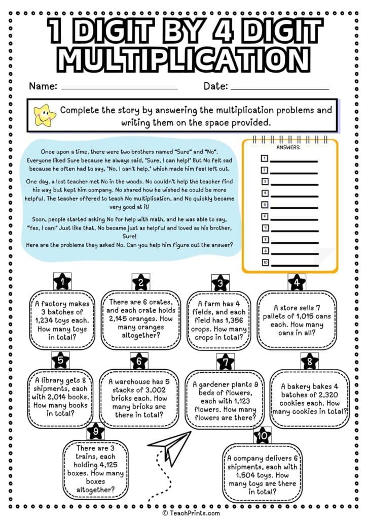 1 Digit by 4 Digit Multiplication Worksheets - Teach Prints