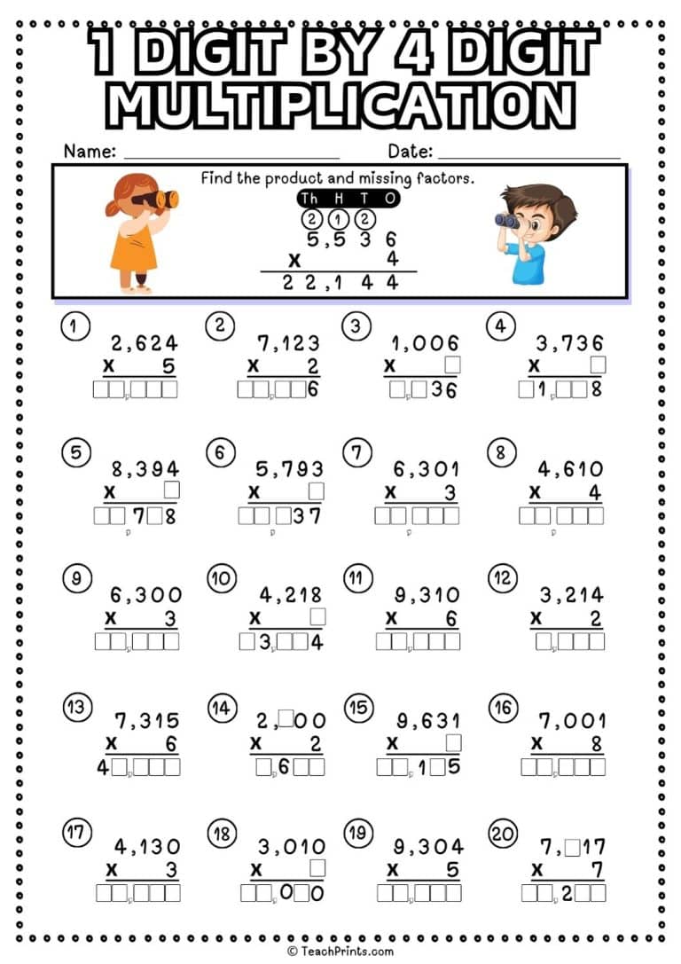 1 Digit by 4 Digit Multiplication Worksheets - Teach Prints