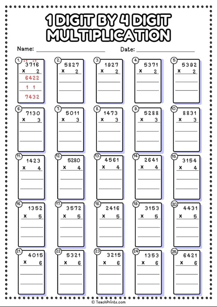 1 Digit by 4 Digit Multiplication Worksheets - Teach Prints