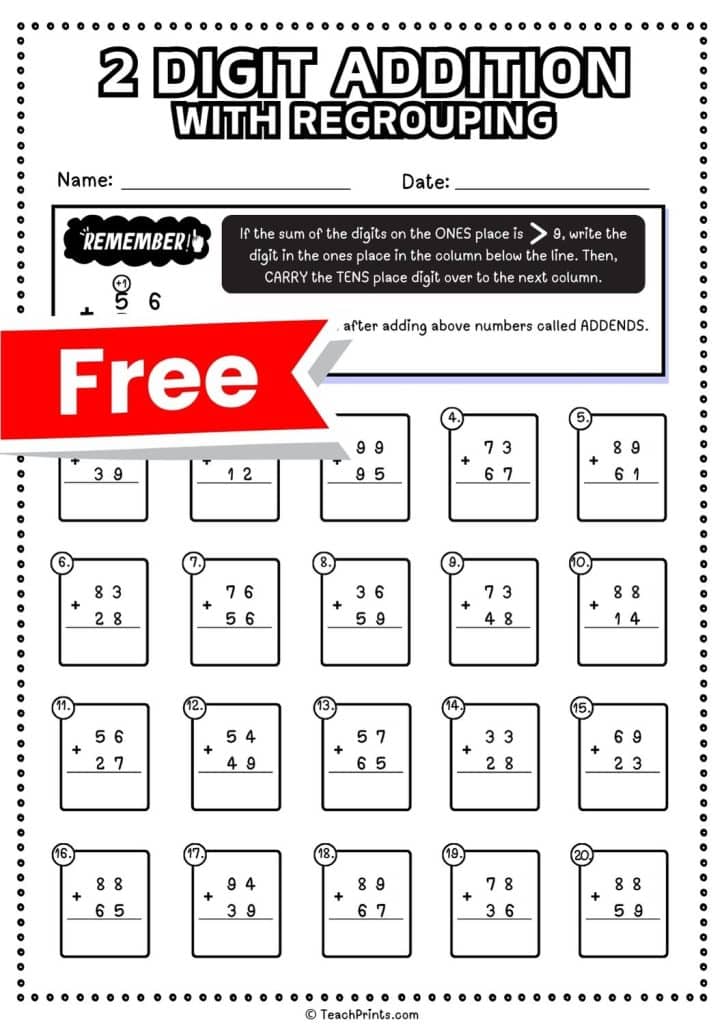 2 Digit Addition With Regrouping Worksheets - Teach Prints