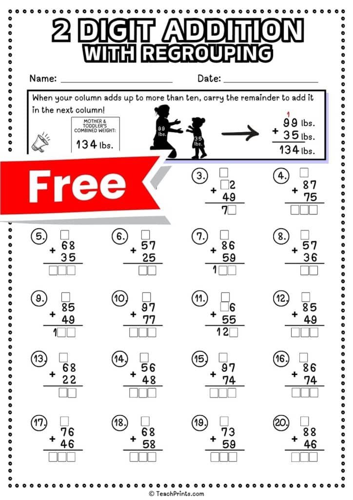 2 Digit Addition With Regrouping Worksheets - Teach Prints