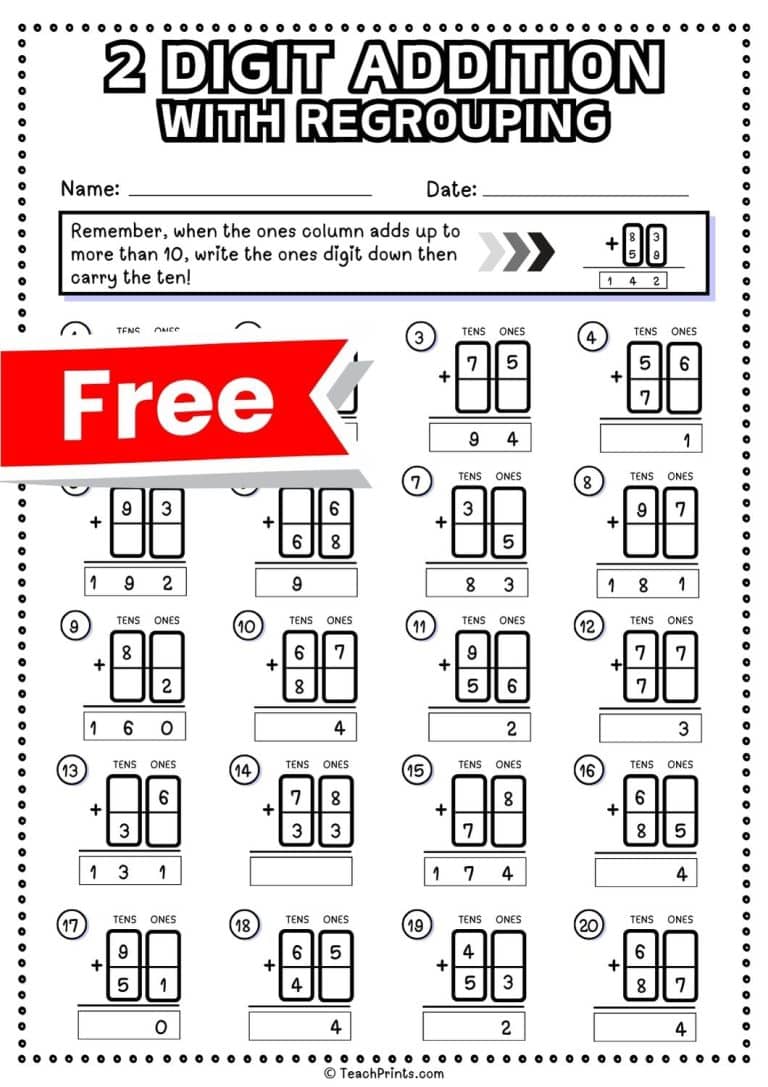 2 Digit Addition With Regrouping Worksheets - Teach Prints