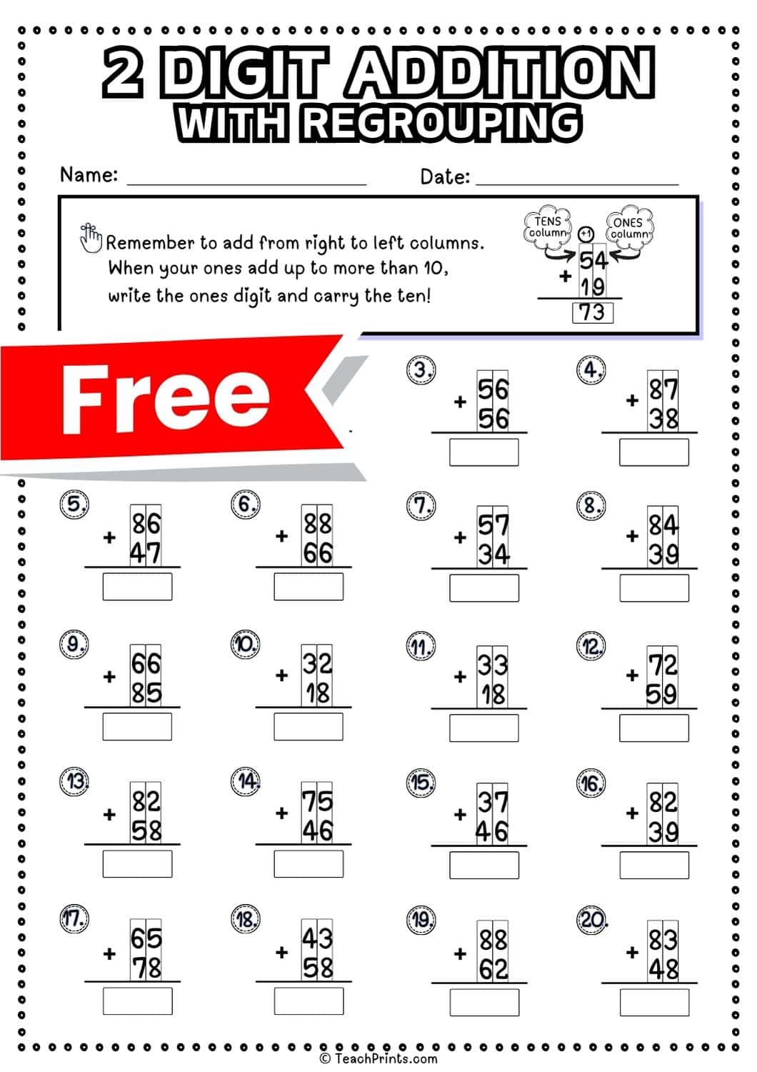 2 Digit Addition With Regrouping Worksheets - Teach Prints