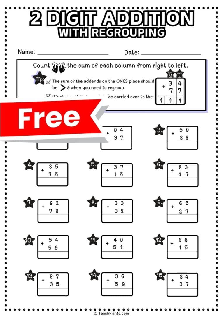 2 Digit Addition With Regrouping Worksheets - Teach Prints