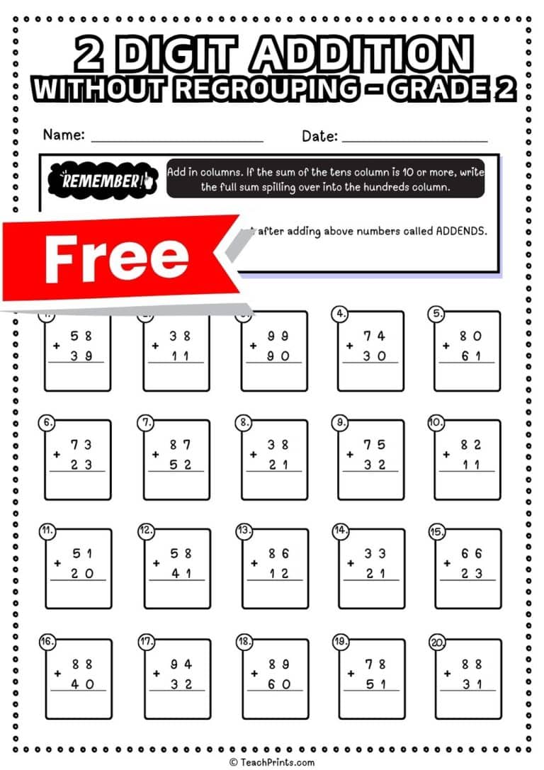 2 Digit Addition Without Regrouping Worksheets - Teach Prints