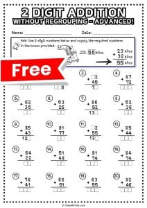 2 Digit Addition Without Regrouping Worksheets - Teach Prints