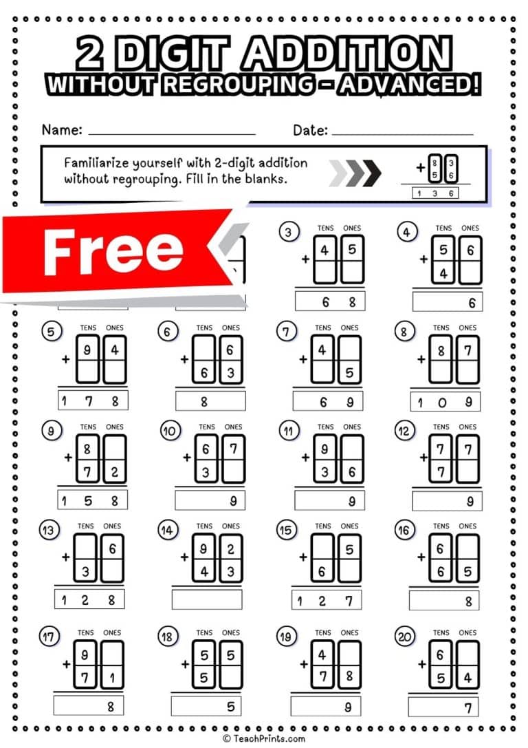 2 Digit Addition Without Regrouping Worksheets - Teach Prints