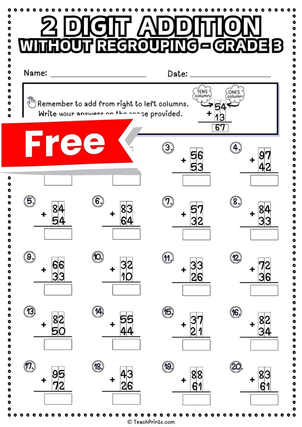 2 Digit Addition Without Regrouping Worksheets - Teach Prints