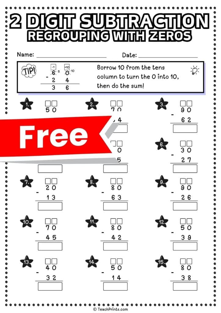 2 Digit Subtraction With Regrouping Worksheets - Teach Prints
