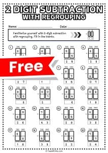2 Digit Subtraction With Regrouping Worksheets - Teach Prints