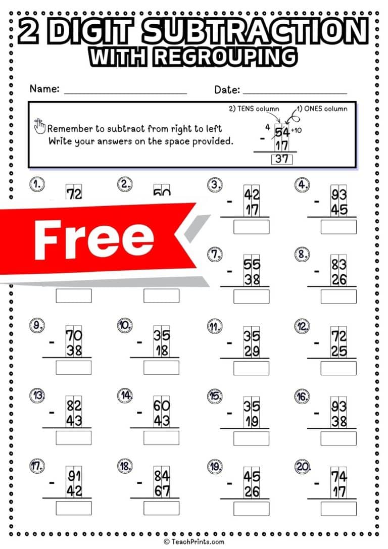 2 Digit Subtraction With Regrouping Worksheets - Teach Prints