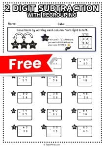 2 Digit Subtraction With Regrouping Worksheets - Teach Prints