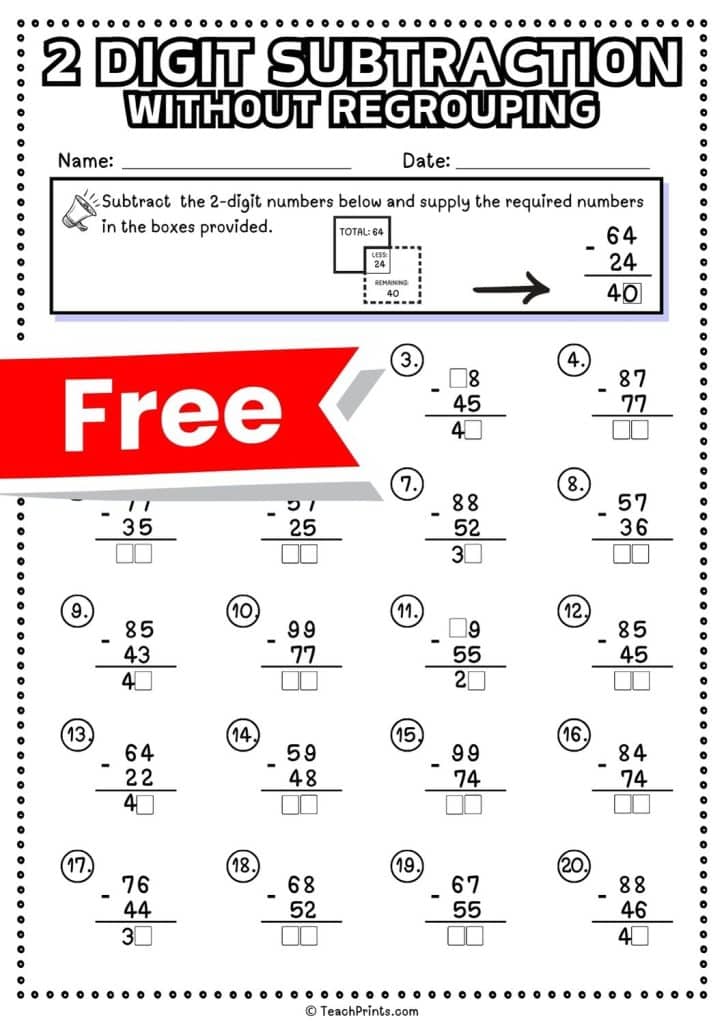 2 Digit Subtraction Without Regrouping Worksheets - Teach Prints