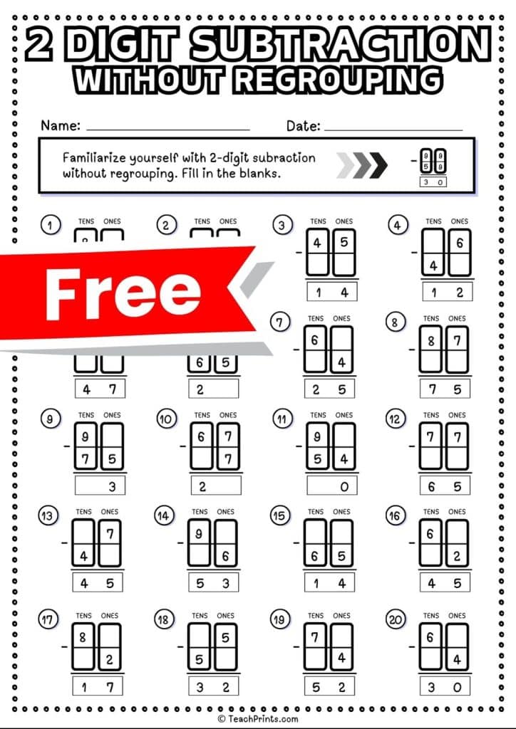 2 Digit Subtraction Without Regrouping Worksheets - Teach Prints