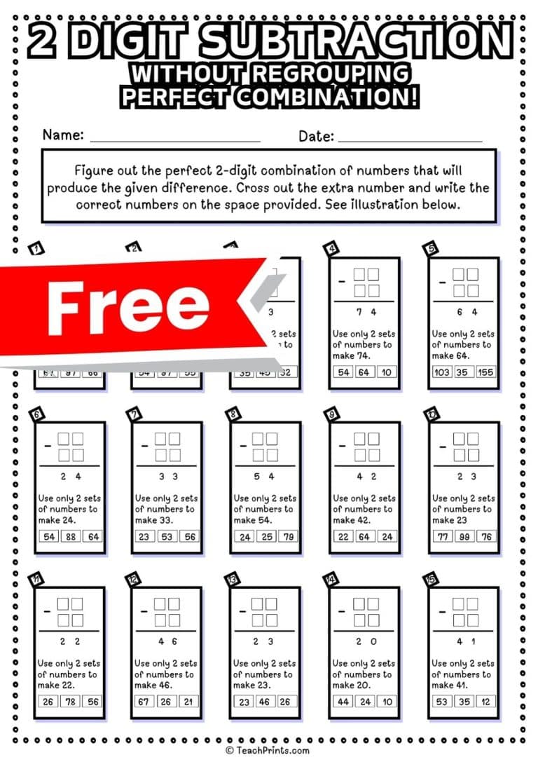 2 Digit Subtraction Without Regrouping Worksheets - Teach Prints