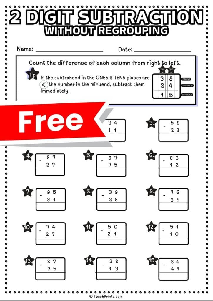 2 Digit Subtraction Without Regrouping Worksheets - Teach Prints