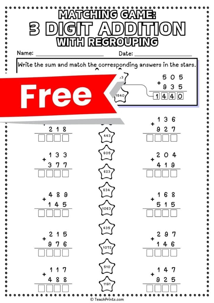 FREE 3 Digit Addition with Regrouping Worksheets - Teach Prints