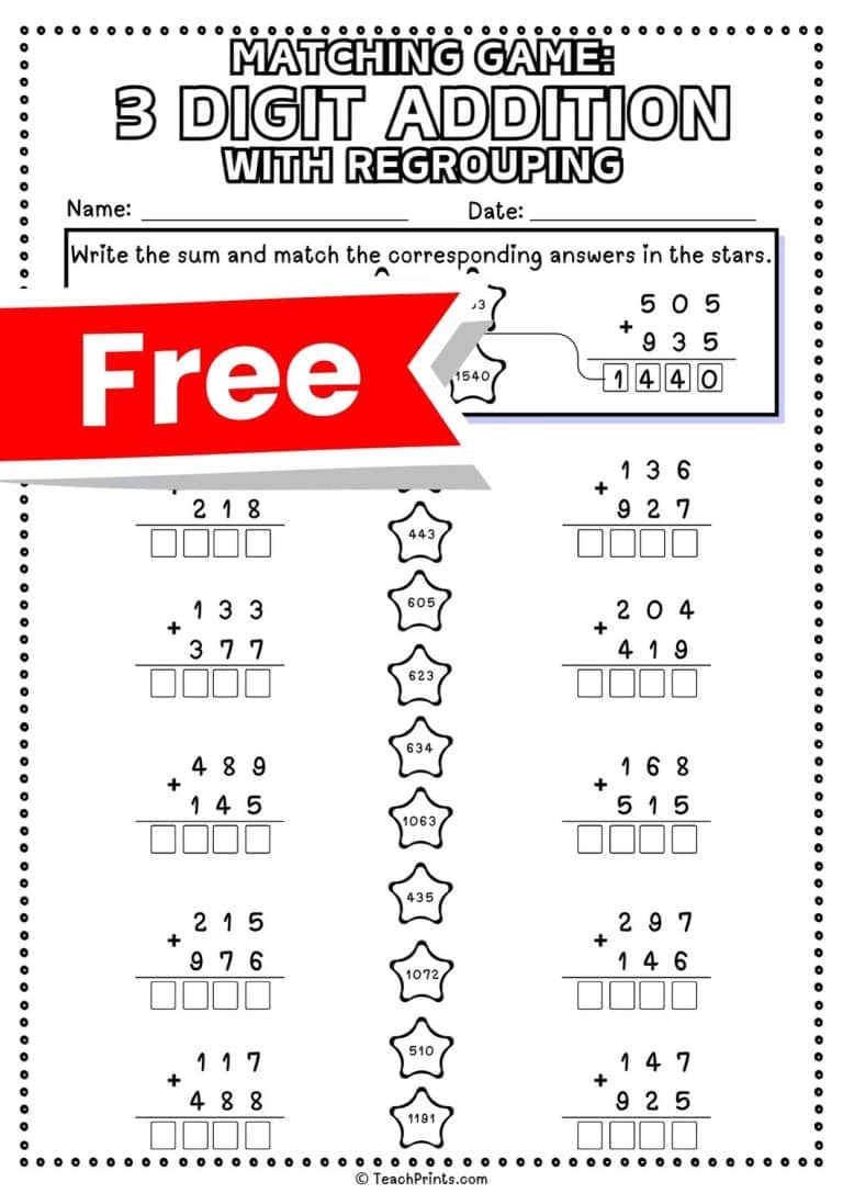 FREE 3 Digit Addition with Regrouping Worksheets - Teach Prints