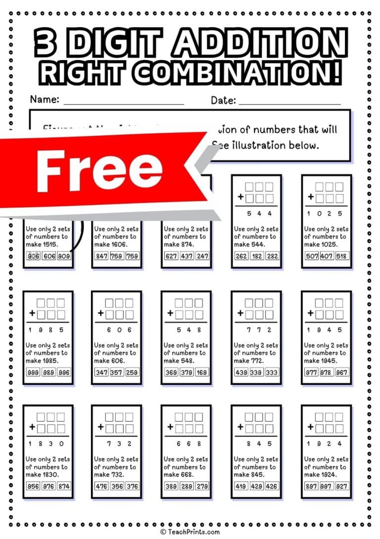 FREE 3 Digit Addition with Regrouping Worksheets - Teach Prints