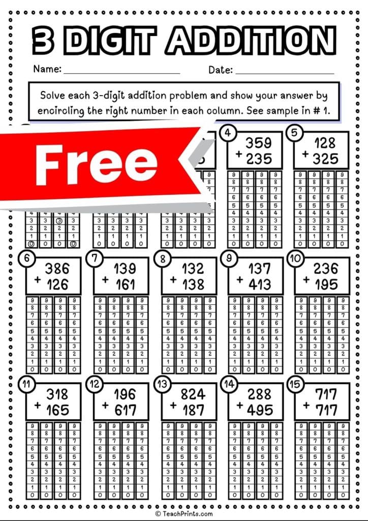 FREE 3 Digit Addition with Regrouping Worksheets - Teach Prints