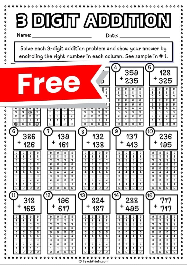 FREE 3 Digit Addition with Regrouping Worksheets - Teach Prints