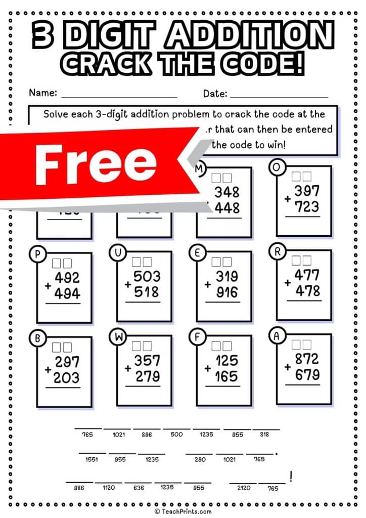 FREE 3 Digit Addition with Regrouping Worksheets - Teach Prints