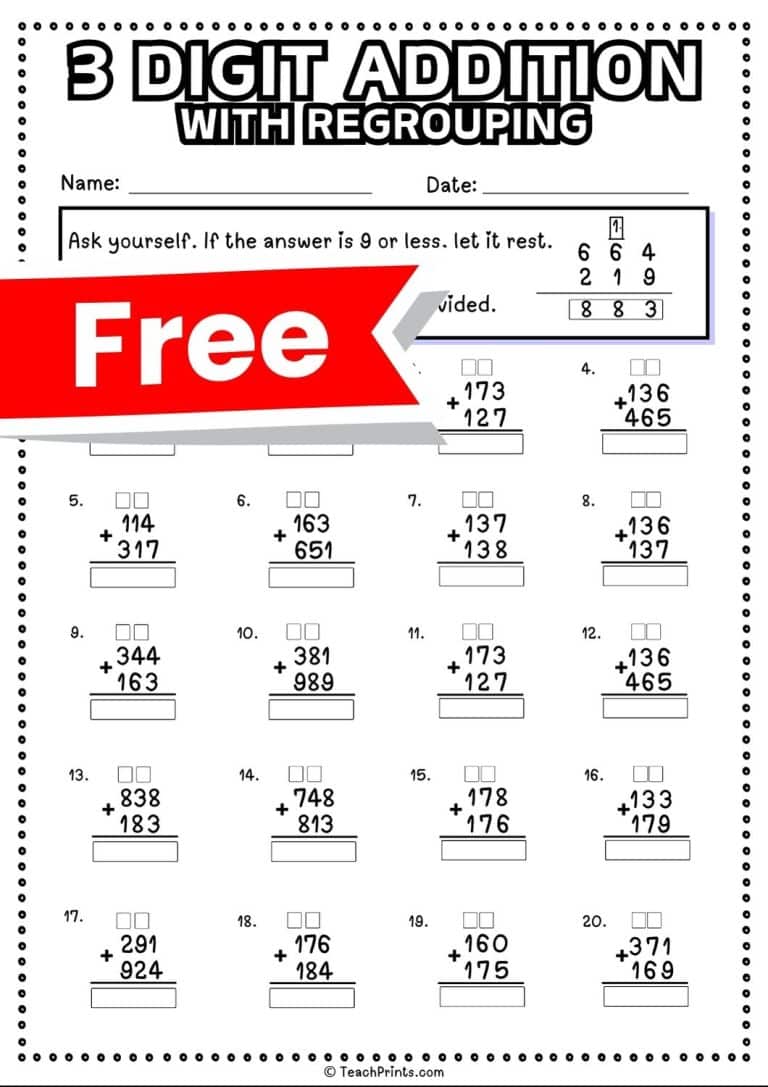 FREE 3 Digit Addition with Regrouping Worksheets - Teach Prints
