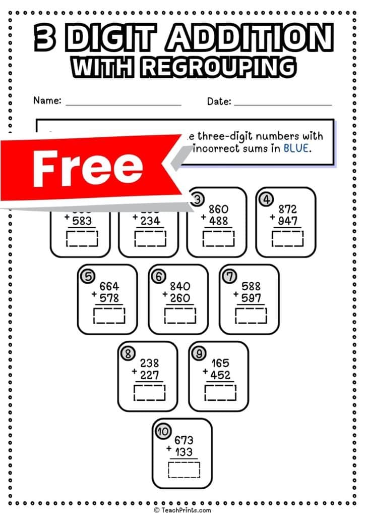 FREE 3 Digit Addition with Regrouping Worksheets - Teach Prints