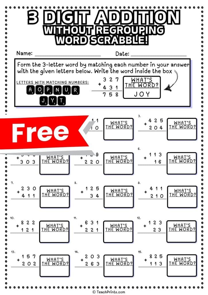 3 Digit Addition Without Regrouping Worksheets - Teach Prints
