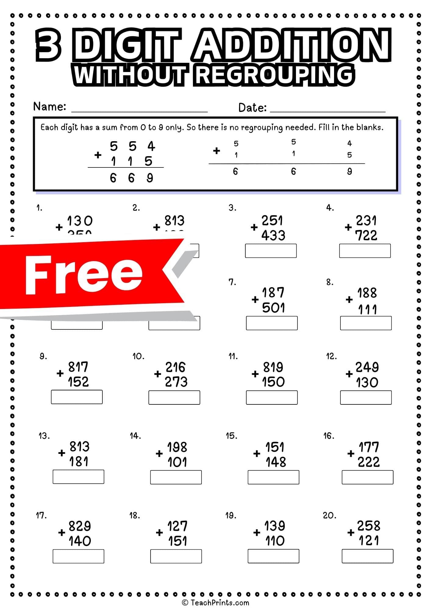 3 Digit Addition Without Regrouping Worksheets - Teach Prints