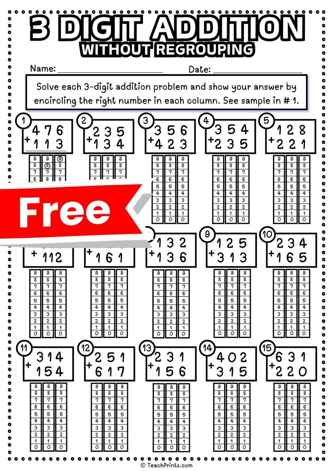 3 Digit Addition Without Regrouping Worksheets - Teach Prints