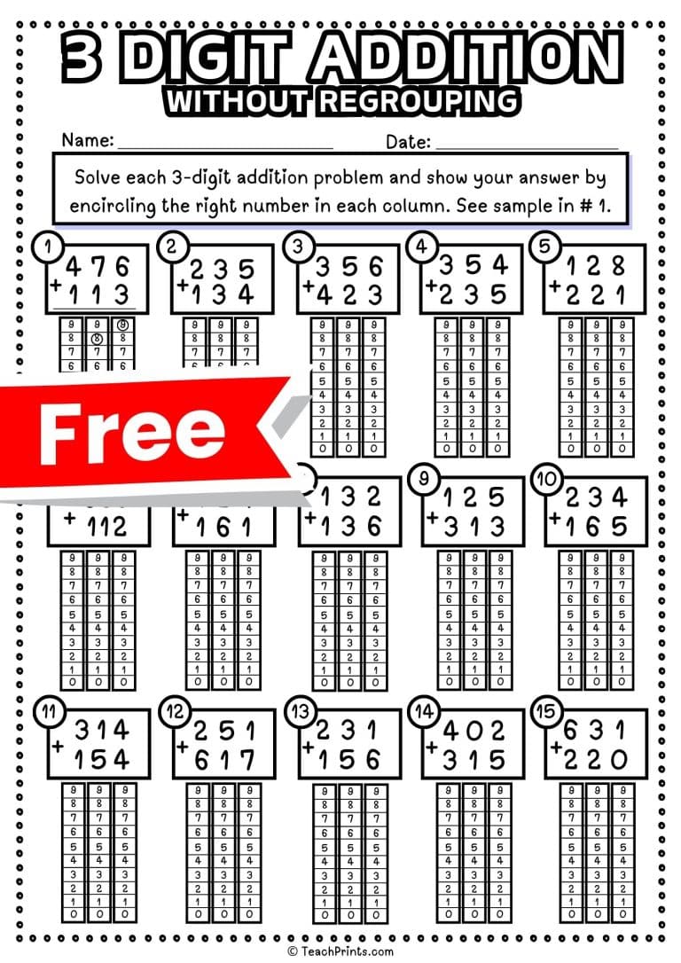 3 Digit Addition Without Regrouping Worksheets - Teach Prints