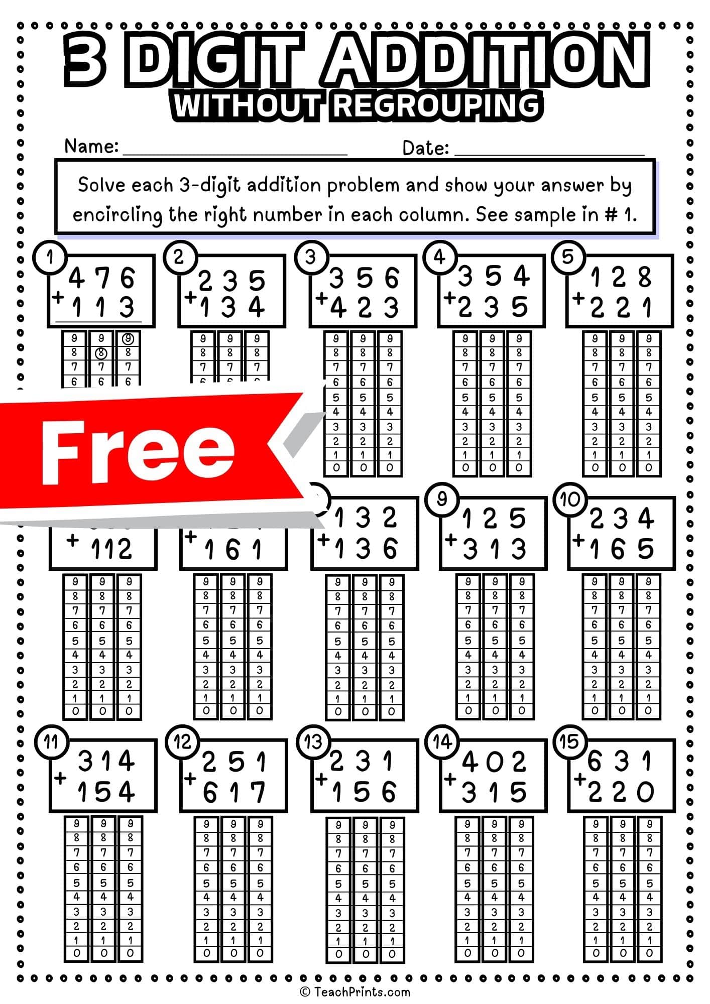 3 Digit Addition Without Regrouping Worksheets - Teach Prints