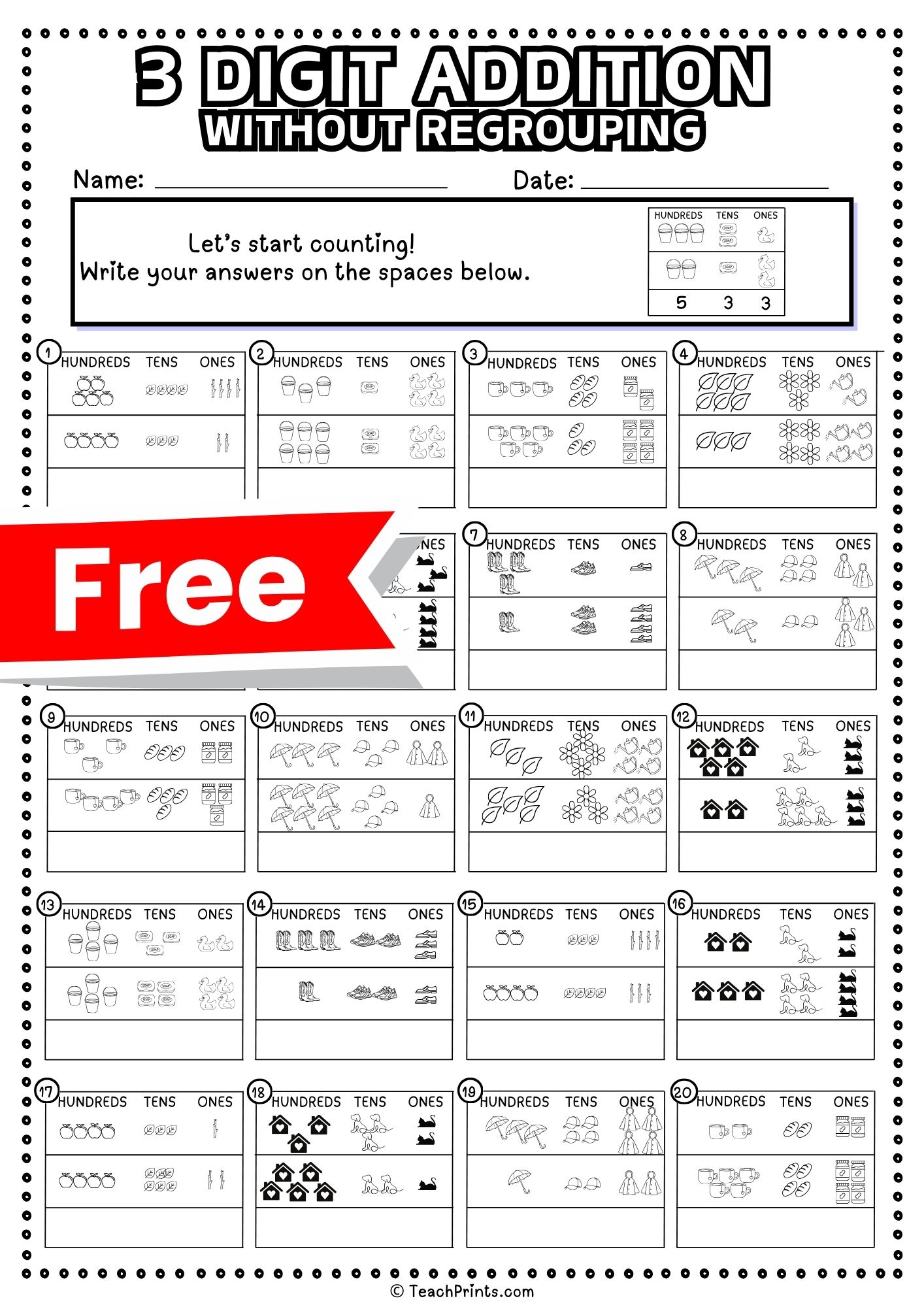 3 Digit Addition Without Regrouping Worksheets - Teach Prints