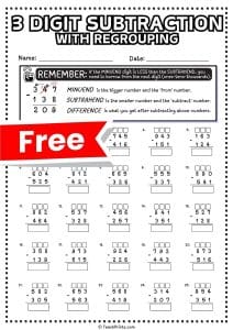 3 Digit Subtraction With Regrouping Worksheets - Teach Prints