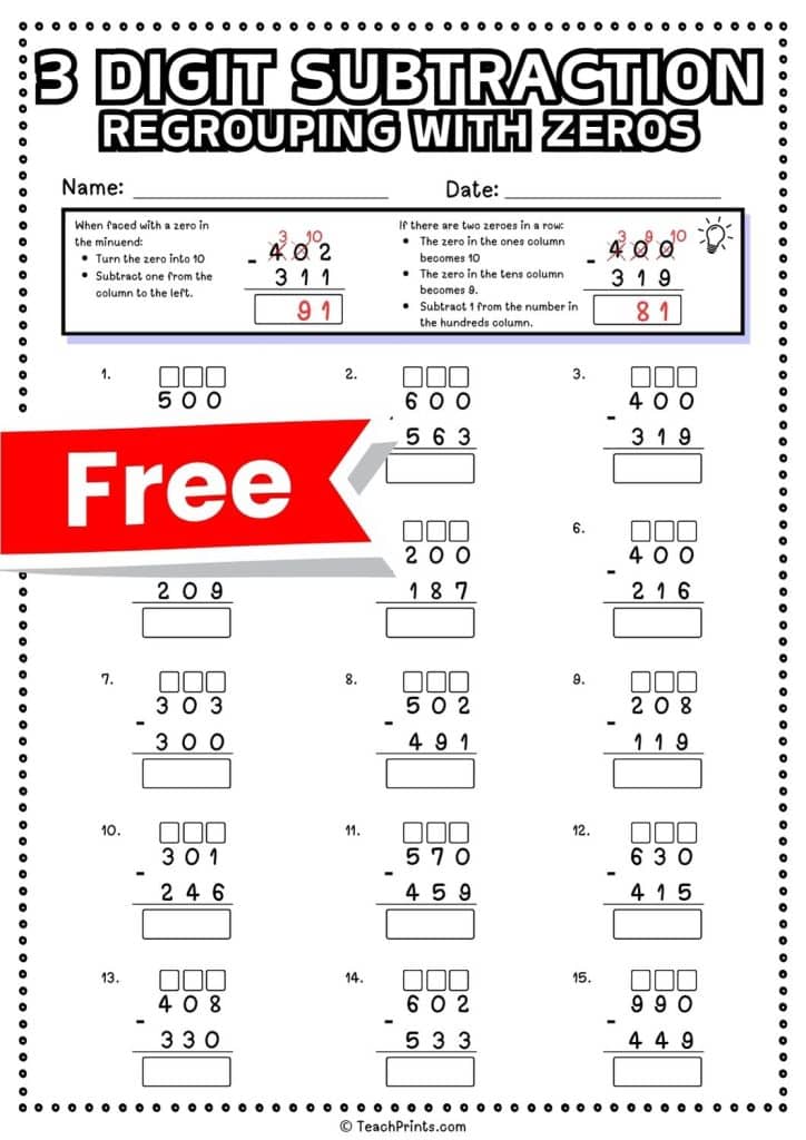 3 Digit Subtraction With Regrouping Worksheets - Teach Prints
