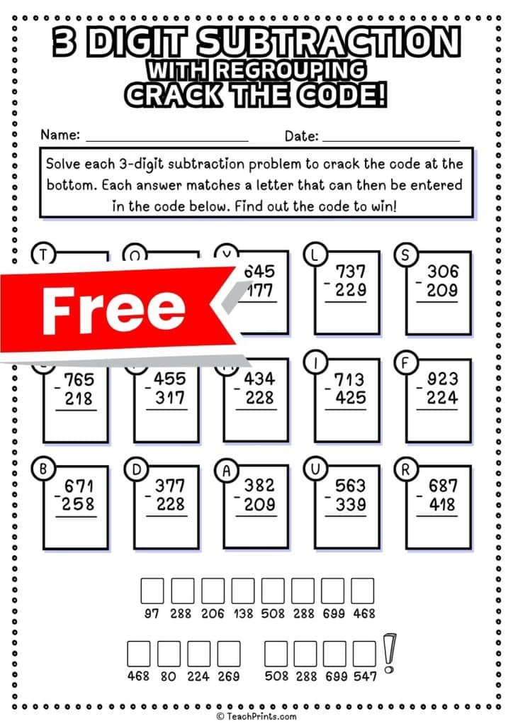 3 Digit Subtraction With Regrouping Worksheets - Teach Prints