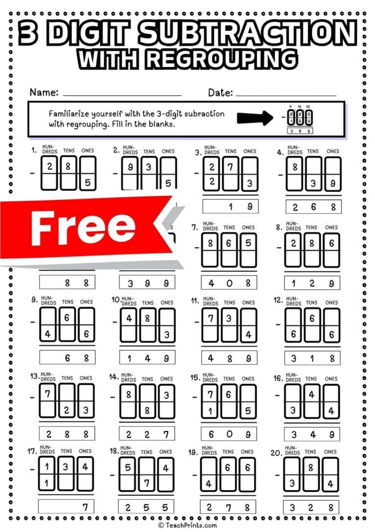 3 Digit Subtraction With Regrouping Worksheets - Teach Prints