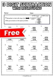 3 Digit Subtraction With Regrouping Worksheets - Teach Prints