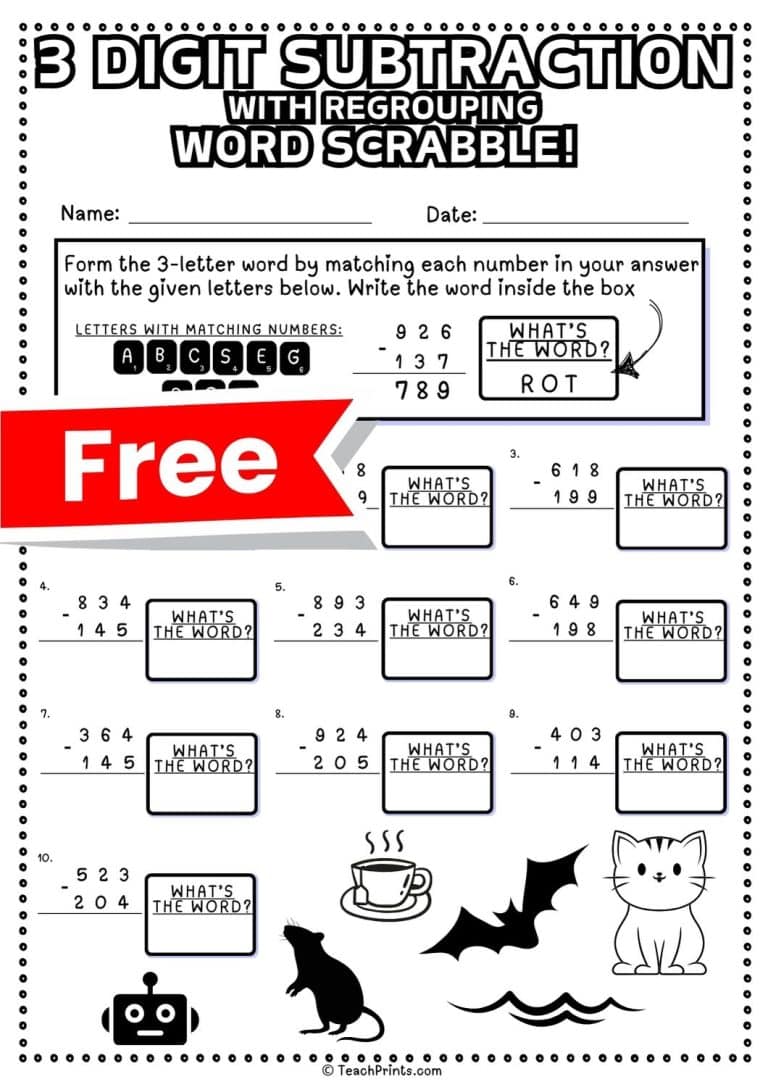 3 Digit Subtraction With Regrouping Worksheets - Teach Prints