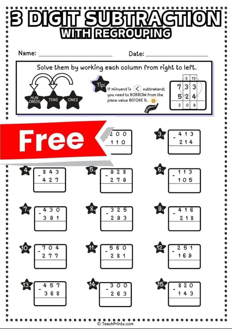 3 Digit Subtraction With Regrouping Worksheets - Teach Prints