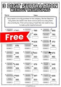 3 Digit Subtraction Without Regrouping Worksheets - Teach Prints