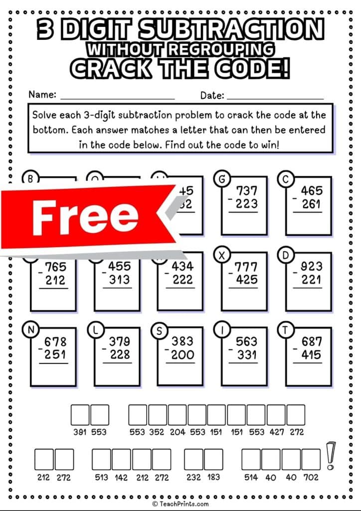 3 Digit Subtraction Without Regrouping Worksheets - Teach Prints