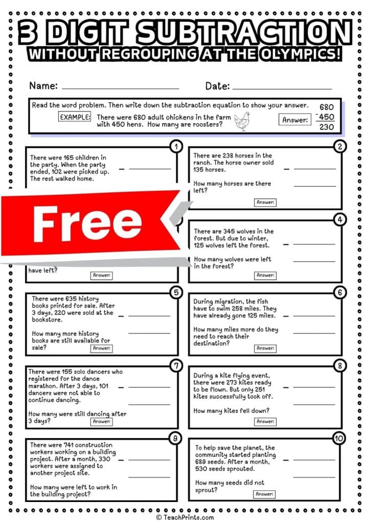 3 Digit Subtraction Without Regrouping Worksheets - Teach Prints
