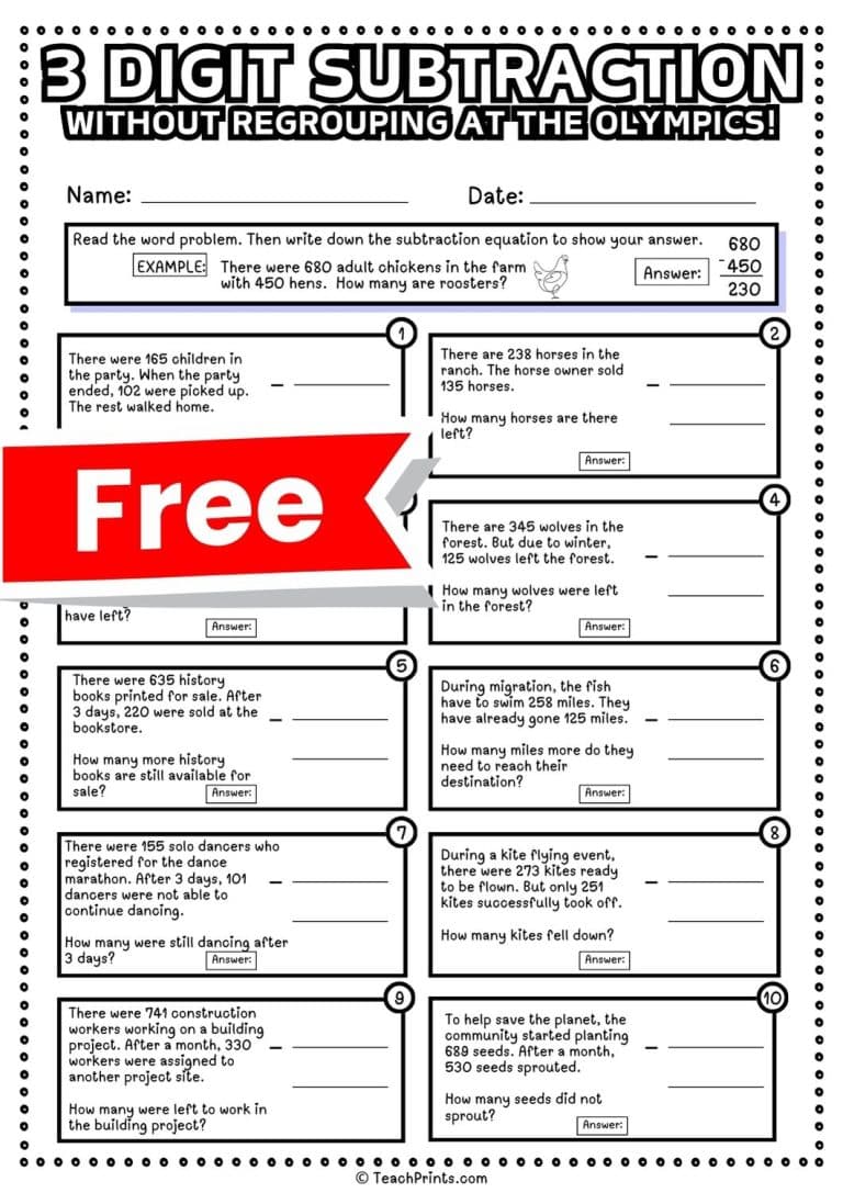3 Digit Subtraction Without Regrouping Worksheets - Teach Prints