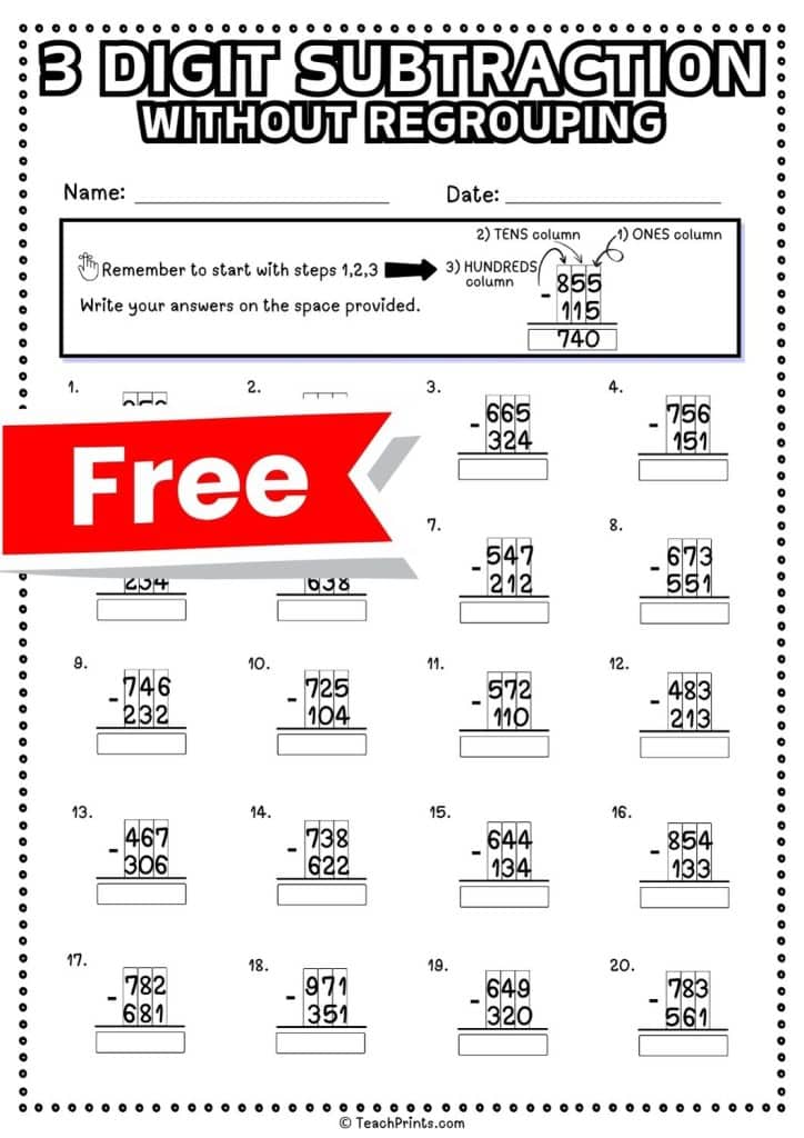3 Digit Subtraction Without Regrouping Worksheets - Teach Prints