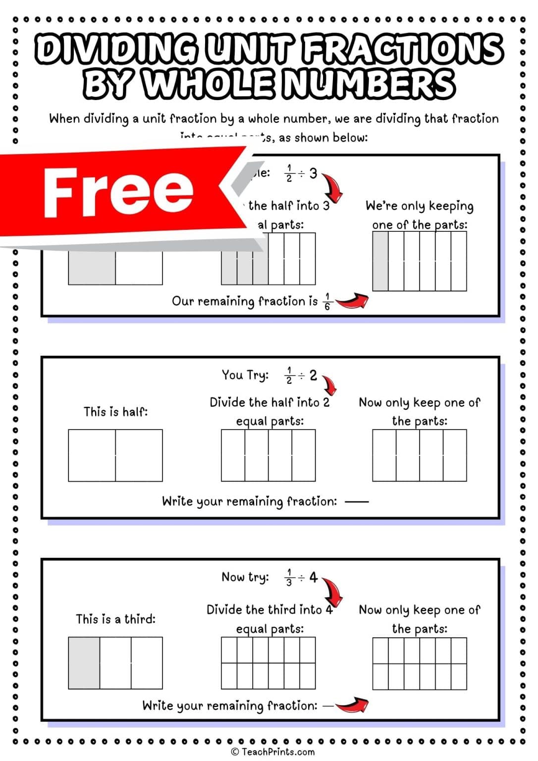 Dividing Unit Fractions by Whole Numbers Worksheets - Teach Prints